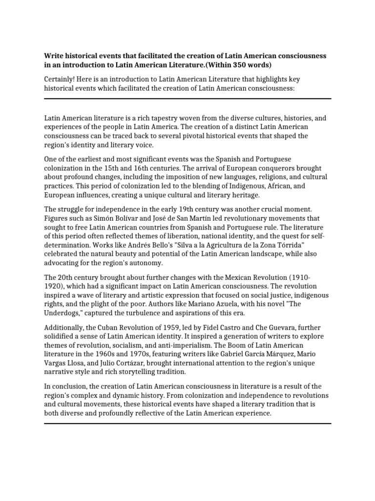 Write historical events that facilitated the creation of Latin American ...