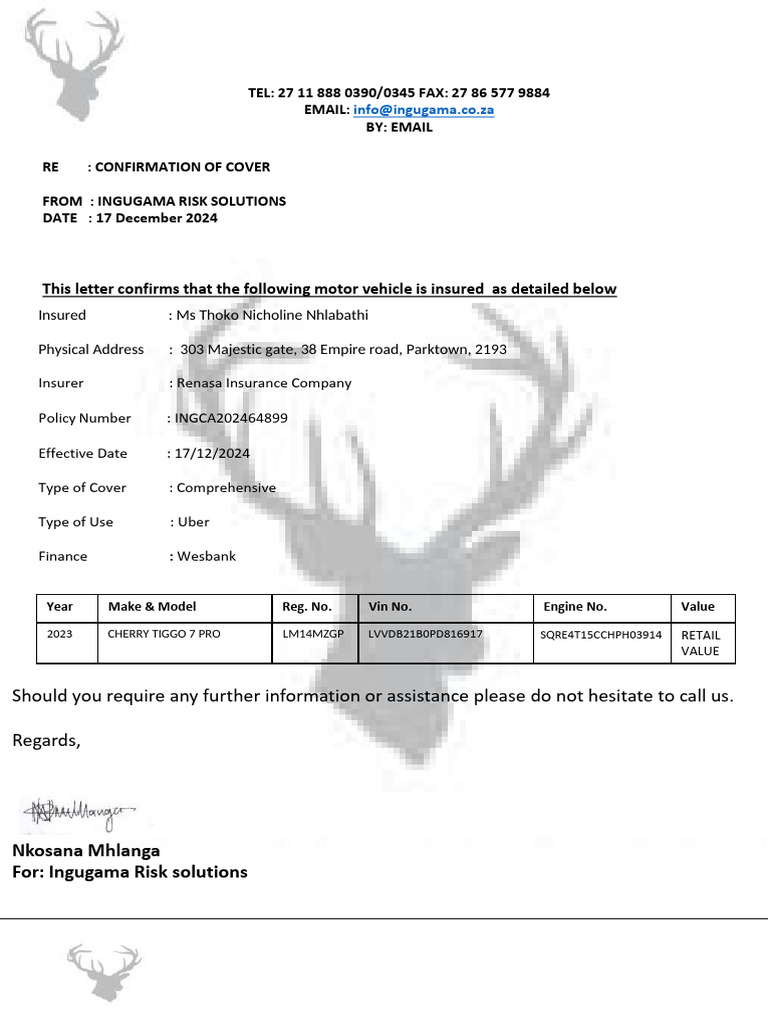 Confirmation of Motor Vehicle Insurance | PDF