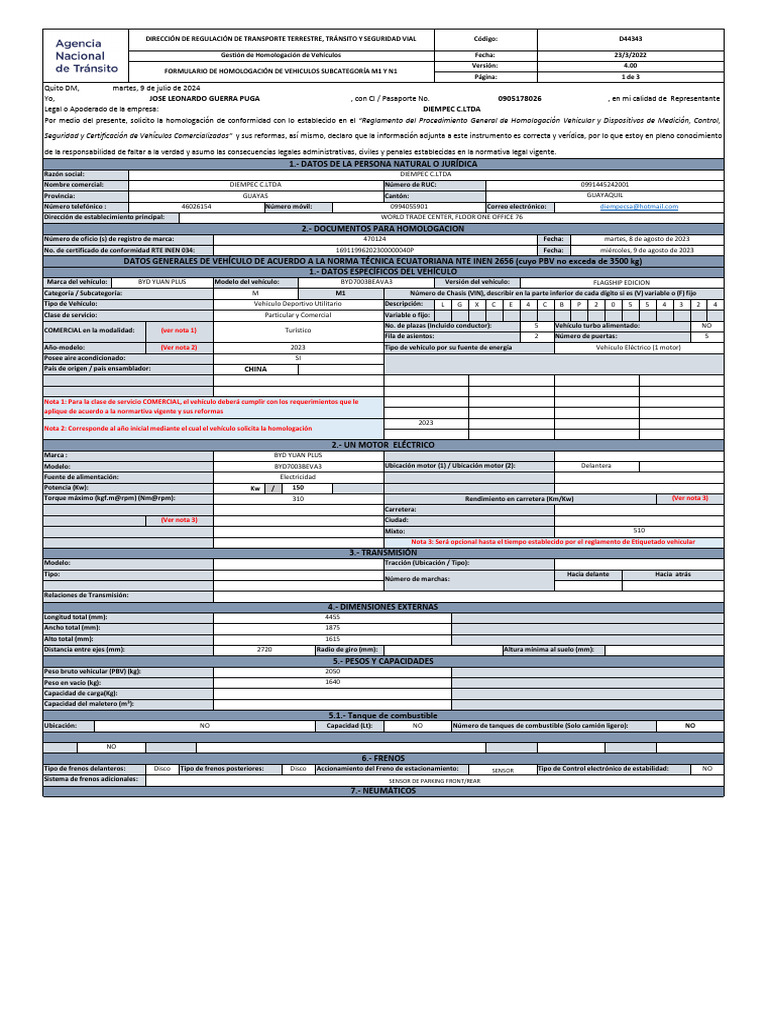 FORMULARIO DE HOMOLOGACION VEHICULOS SUBCATEGORIA M1 Y N1 - VF 1 Signed | PDF | Transporte ...