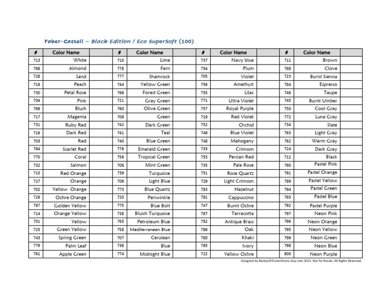 Faber-Castell Eco SuperSoft 100 Colors Chart | PDF | Green | Vision