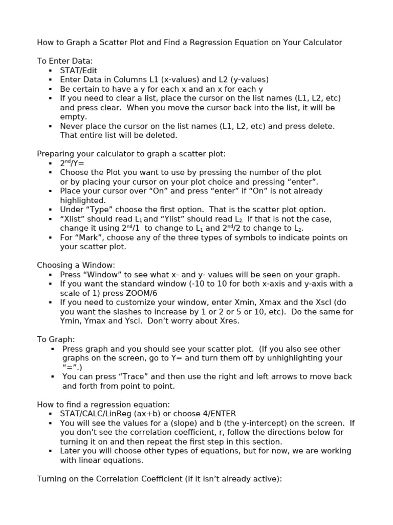 How To Graph A Scatter Plot and Find A Regression Equation On Your Calculator | PDF | Scatter ...