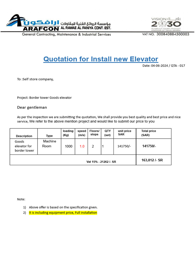 Quotation of Install new Elevator 017 | PDF | Elevator