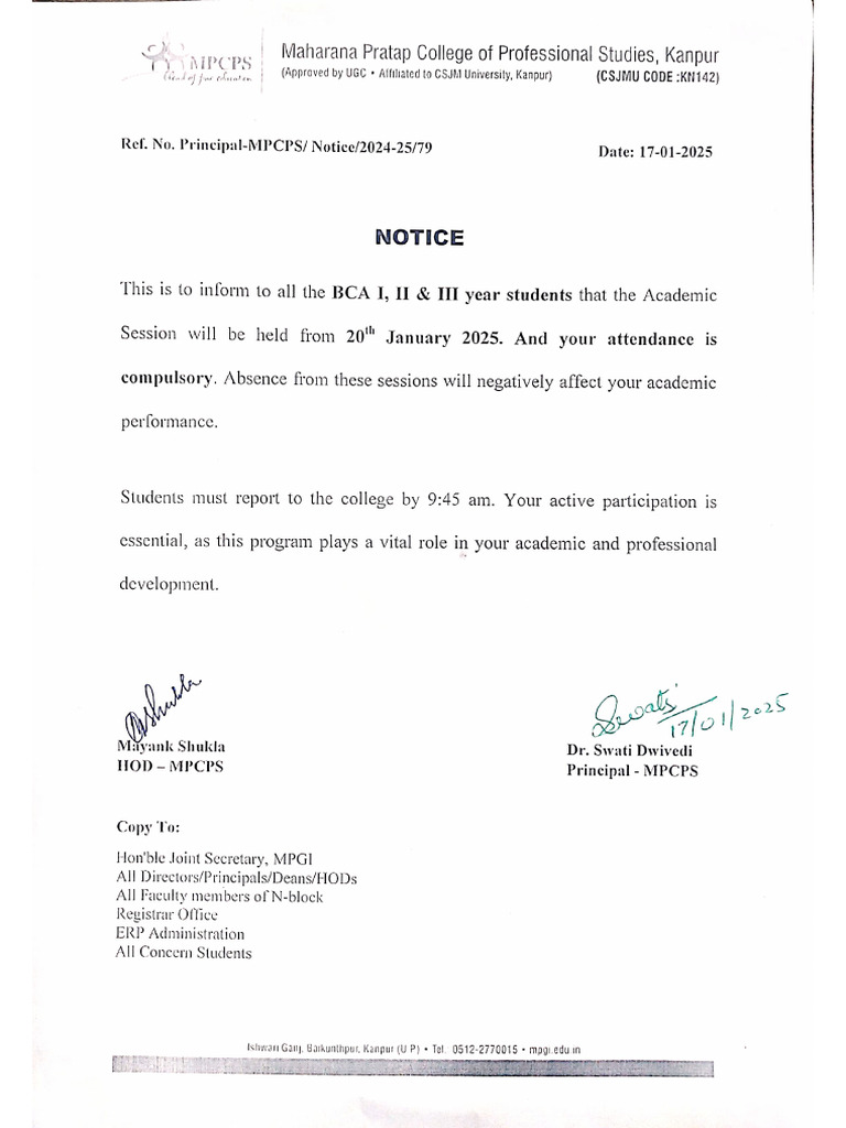 Notice BCA Students | PDF