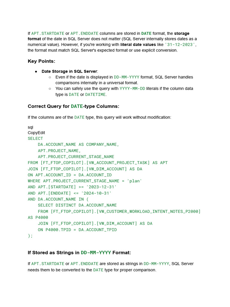 SQL Date Handling and Query Optimization | PDF | Microsoft Sql Server ...