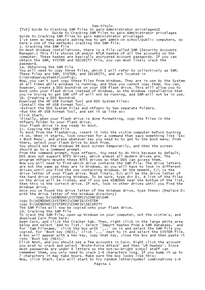 Guide To Cracking SAM Files To Gain Administrator Privelages | PDF ...