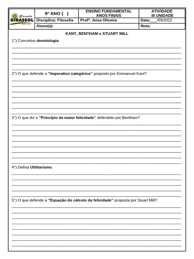 Atividade Cap. 12 - 9º Ano - Kant, Bentham e Stuart Mill | PDF | Filosofia Aplicada | Teorias éticas