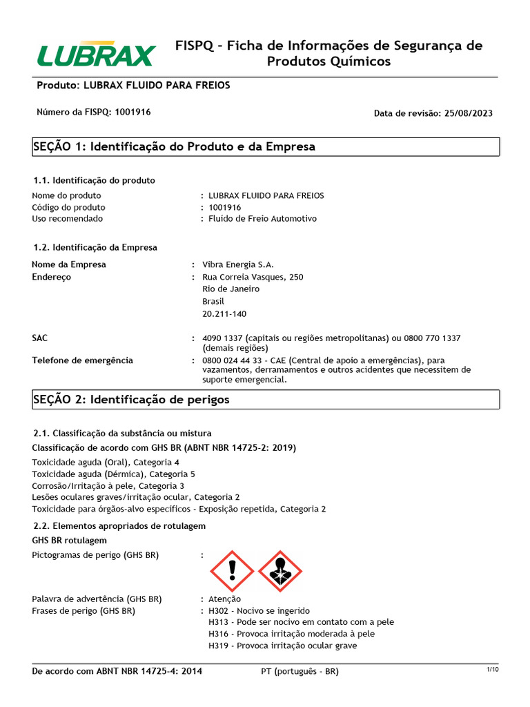 Fispq BR PT Lubrax Fluido para Freios | PDF | Desperdício | Brasil
