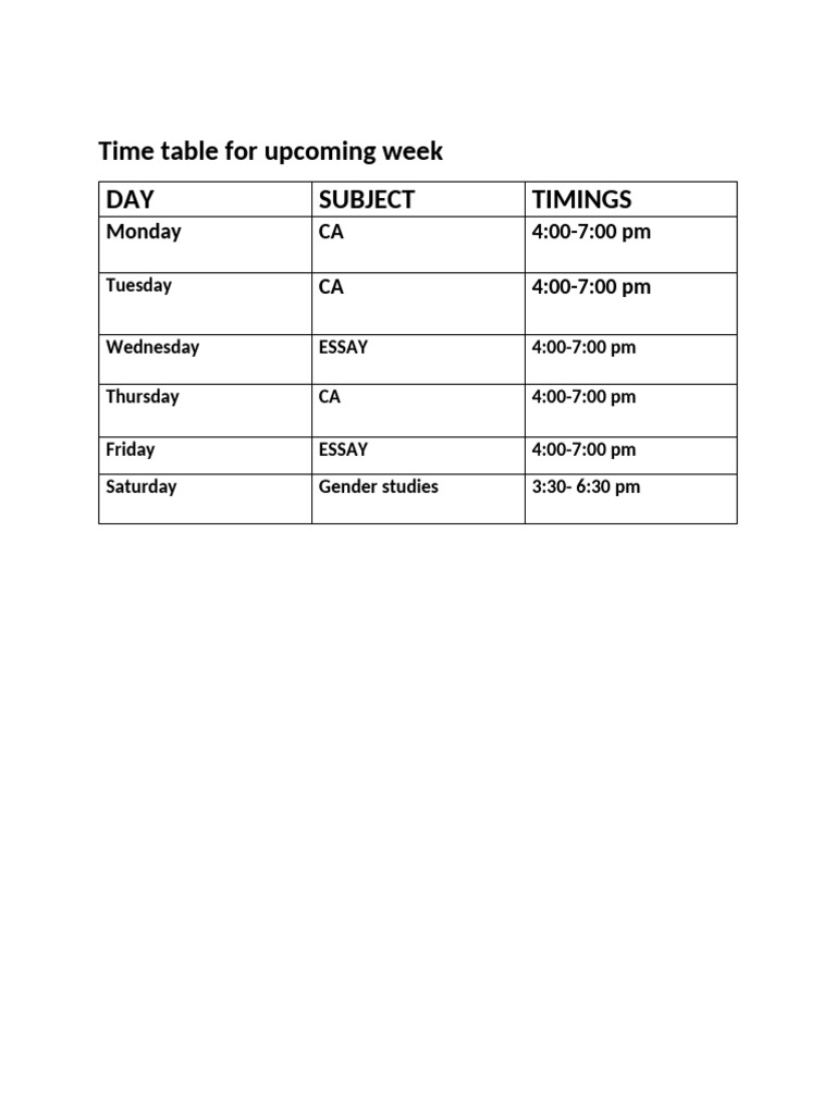 Time Table For Next Week 13jan | PDF