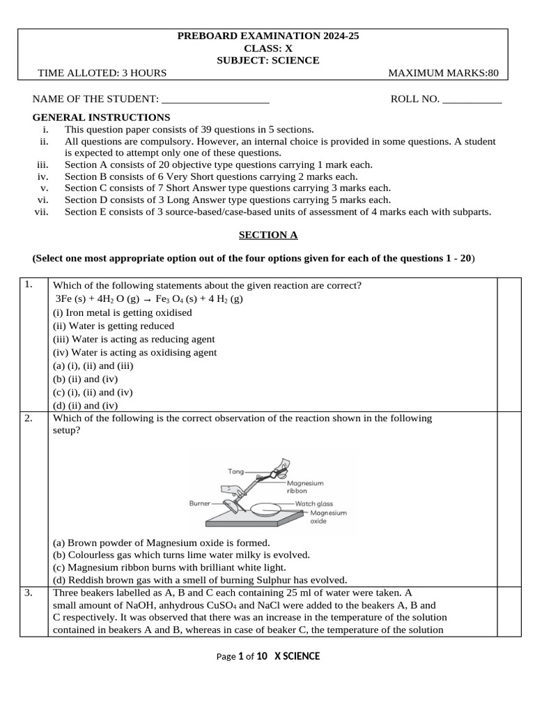 Class X Science Preboard Exam 2024-25 | PDF | Refractive Index | Refraction