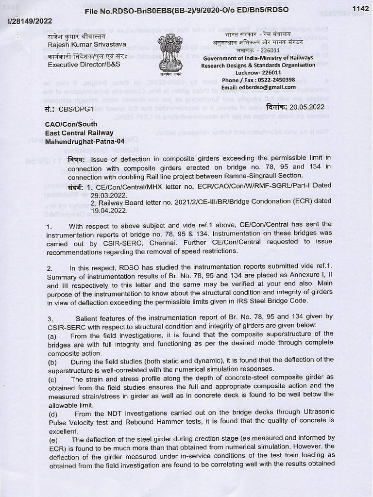 Letter From RDSO DT 20.05.2022reg Issue of Deflection in Composite ...