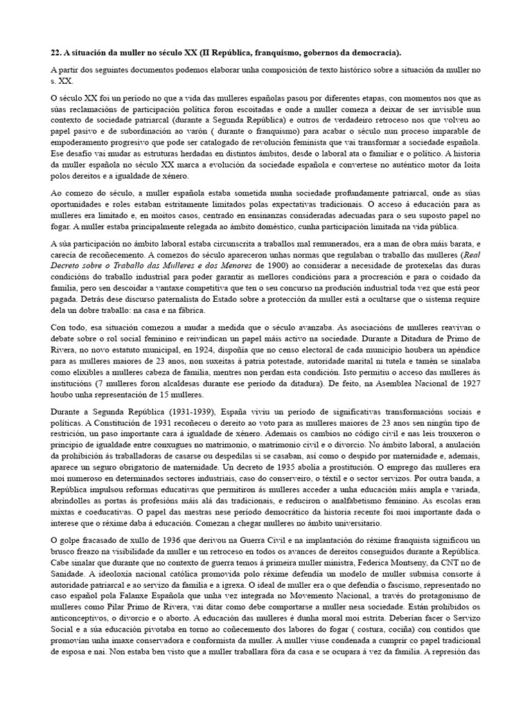 A Situación Da Muller No Século XX | PDF