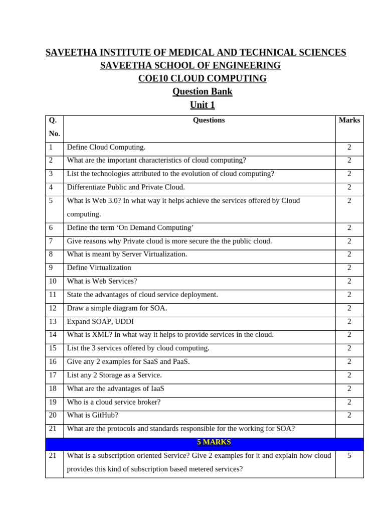 COE10 CLOUD COMPUTING Question Bank | PDF | Apache Hadoop | Cloud Computing