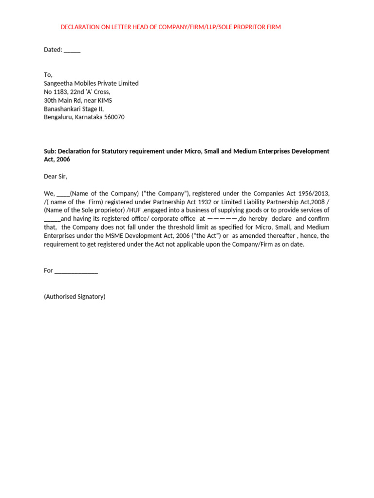 Declaration Format For MSME | PDF