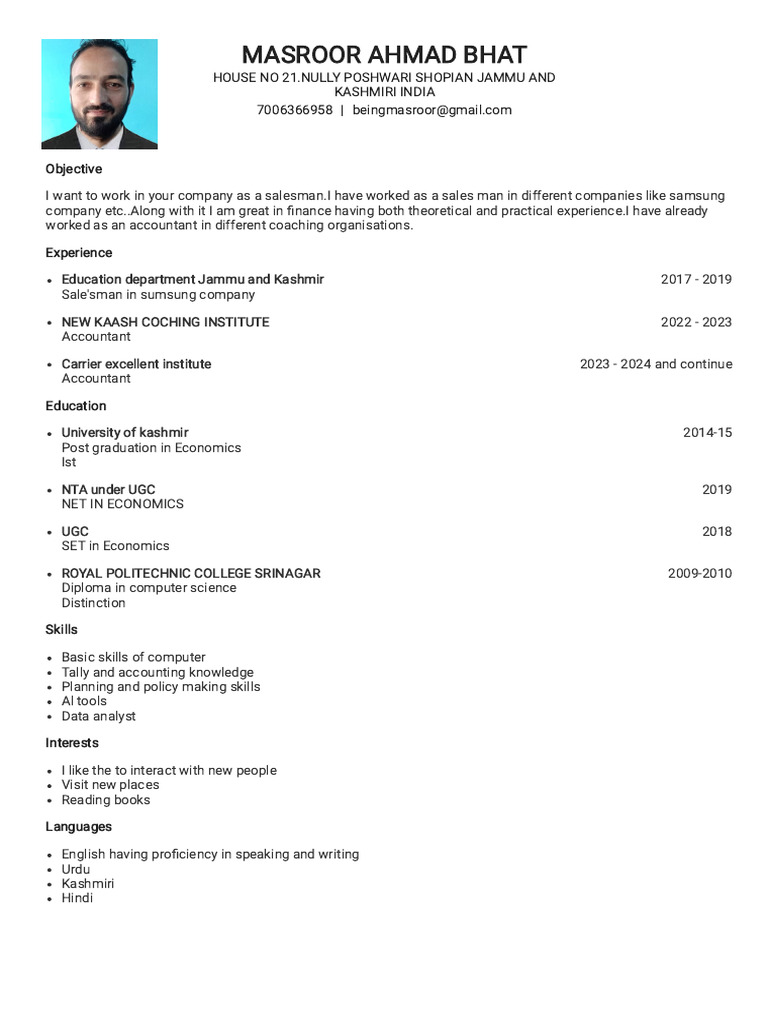 Masroor Ahmad Bhat: House No 21.nully Poshwari Shopian Jammu and Kashmiri India | PDF