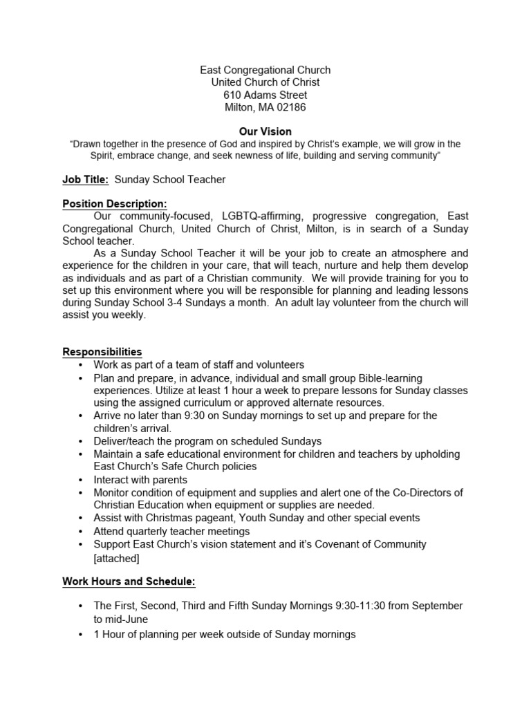 Sunday School Teacher Job Description | PDF | Sunday School | Teachers