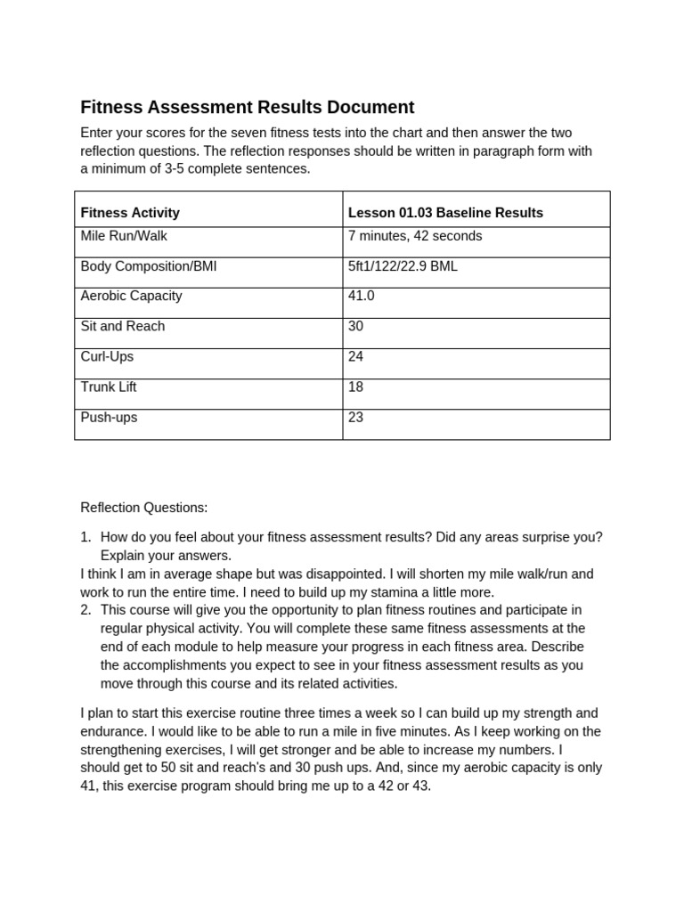 Fitness Assessment Results and Reflections | PDF