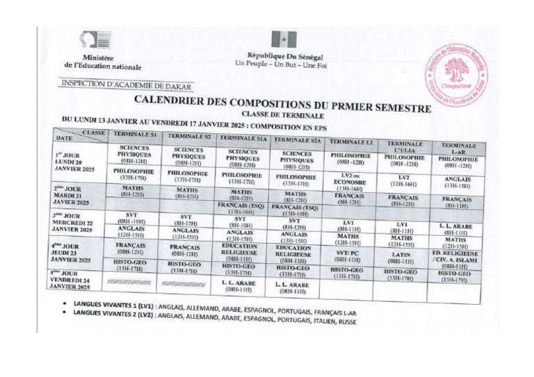 Calendrier Composition Semestre1 - IA Dakar | PDF