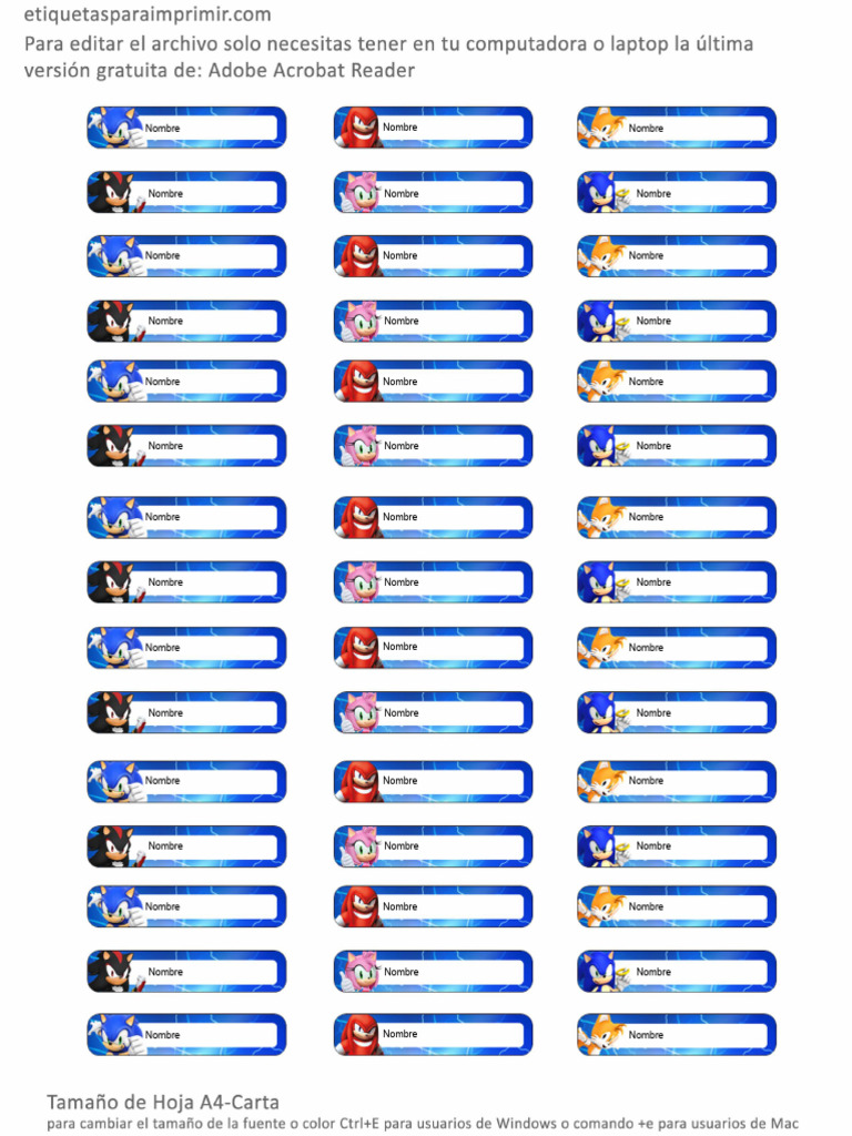 Etiquetas para Lapices Sonic para Imprimir | PDF