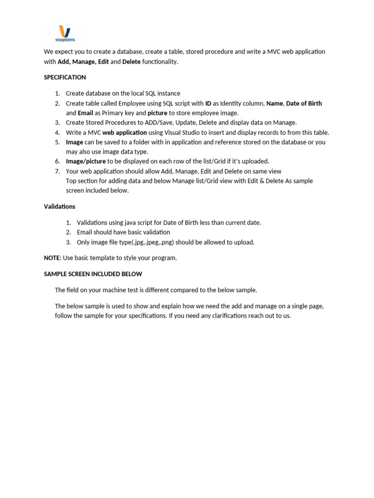 MVC Sample Application CRUD SPEC | PDF