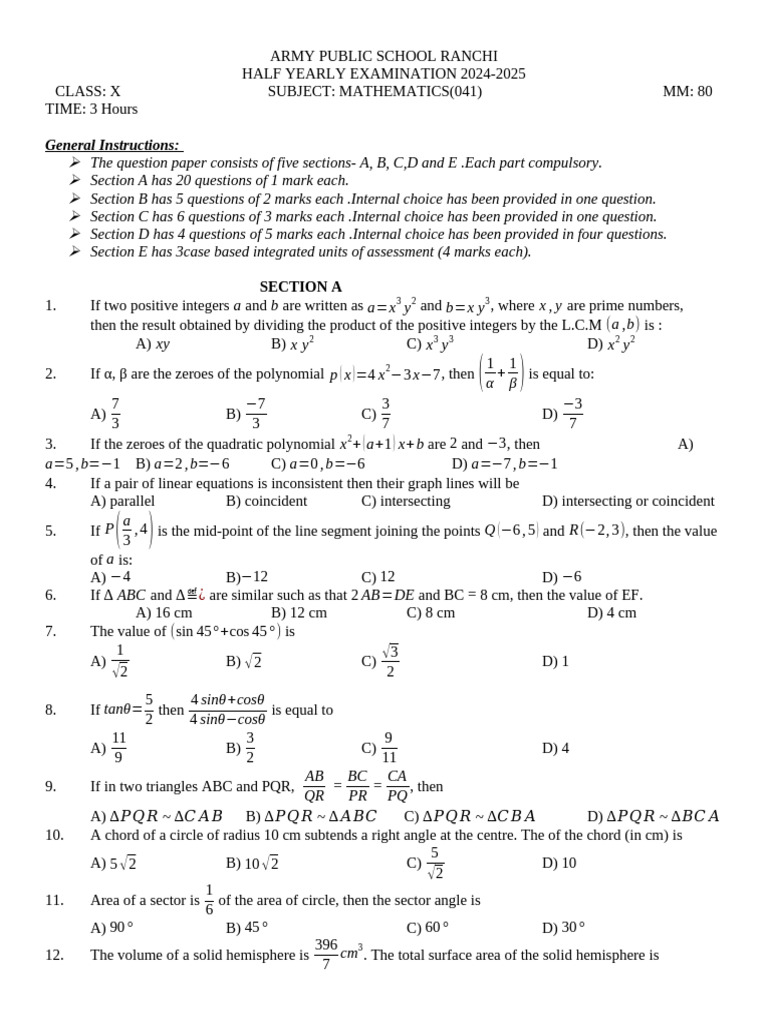 X PreBoard-I(041) 2024-25 NEW | PDF | Sphere | Area