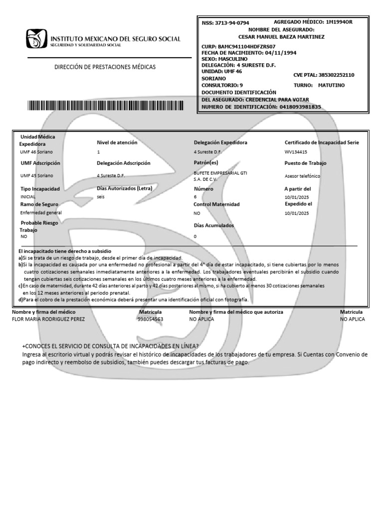 Certificado de Incapacidad Temporal Laboral | PDF