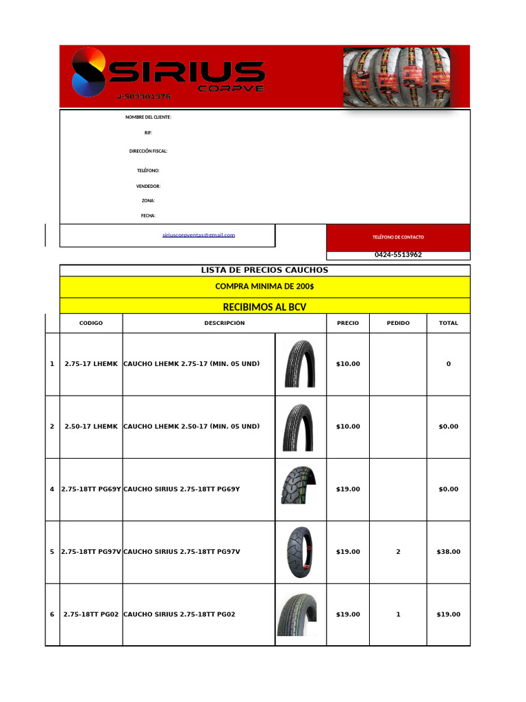 Lista Cauchos Sirius Parts 21-10-2024 | PDF