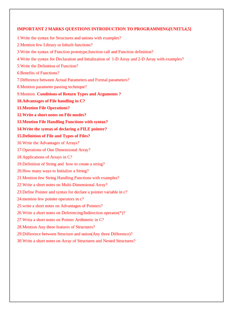 2 Marks Questions Important - Unit3 - Unit4 - Unit5 | PDF