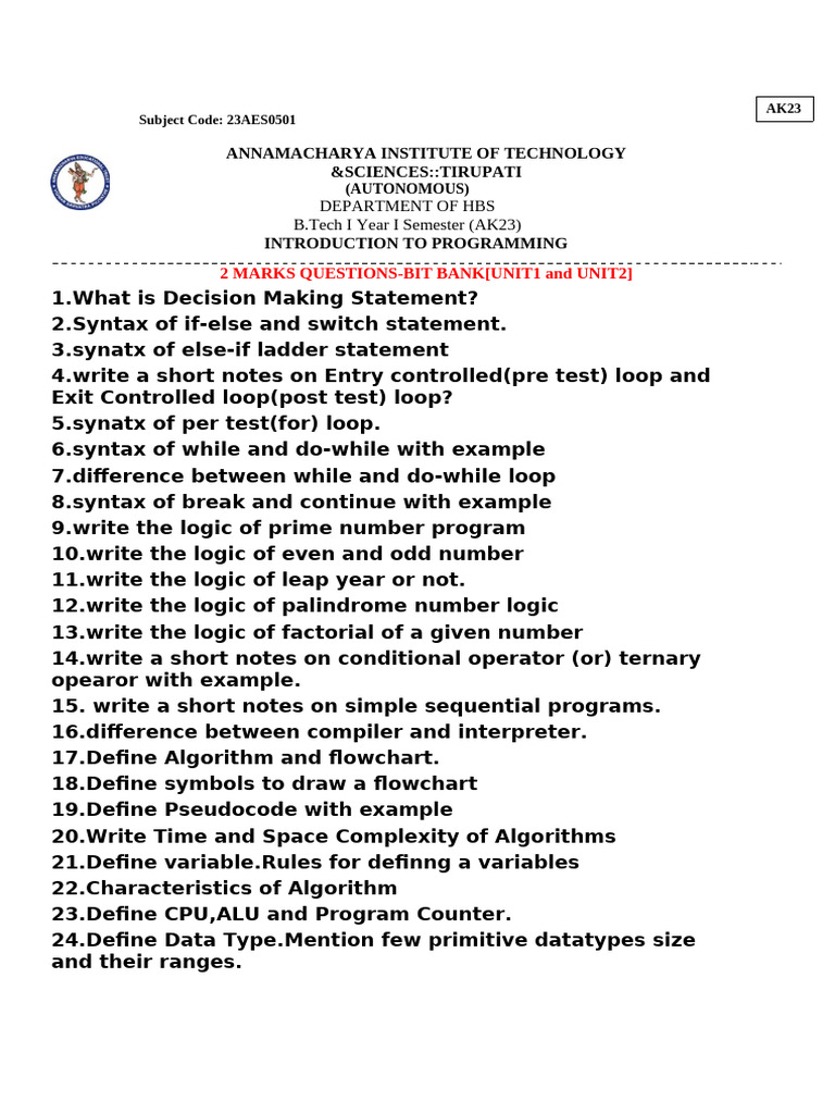 2MARKS_QUESTIONS_23AES0501_IP_UNIT1_UNIT2 | PDF
