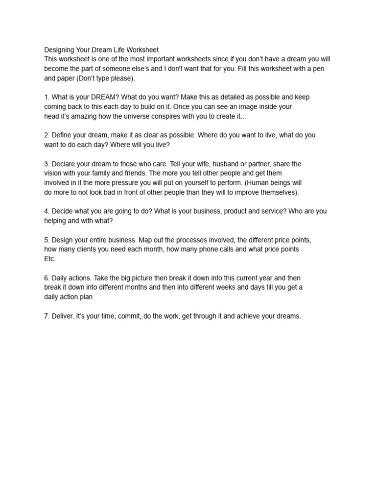 Designing Your Dream Life Worksheet | PDF