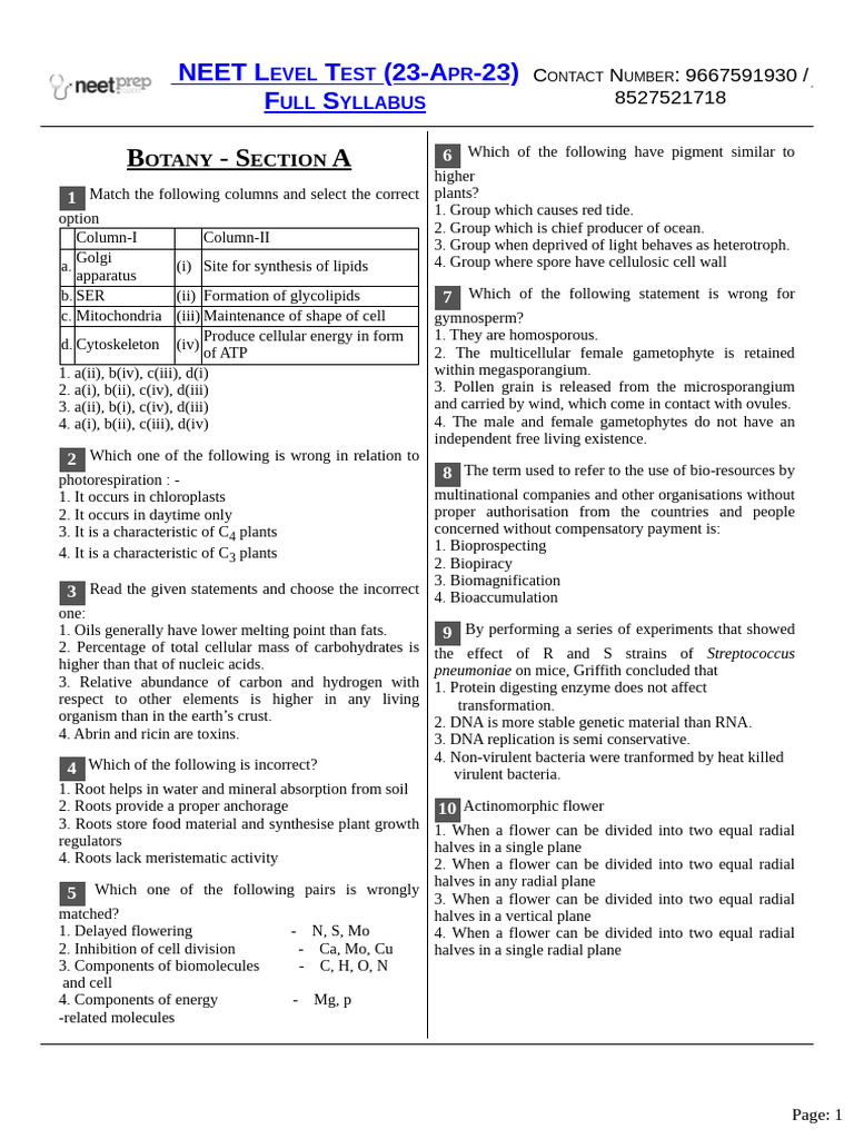 23 AprFull Sy Test - High Yield Test Series | PDF | Cellular ...
