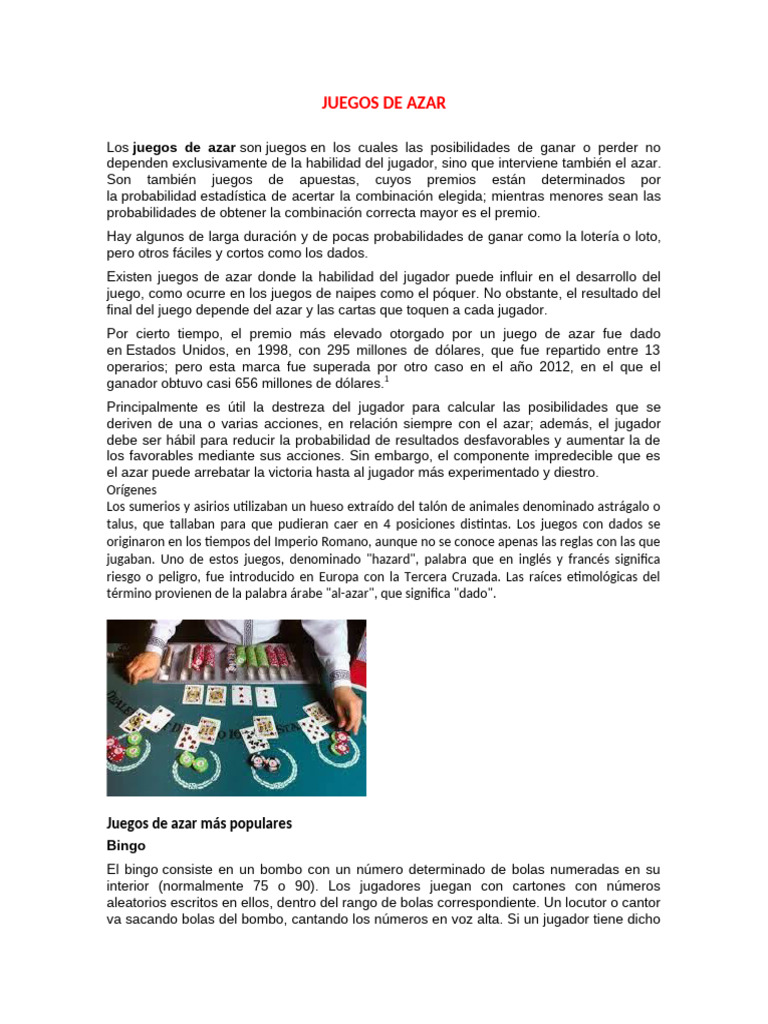 Juegos de Azar: Tipos y Probabilidades | PDF