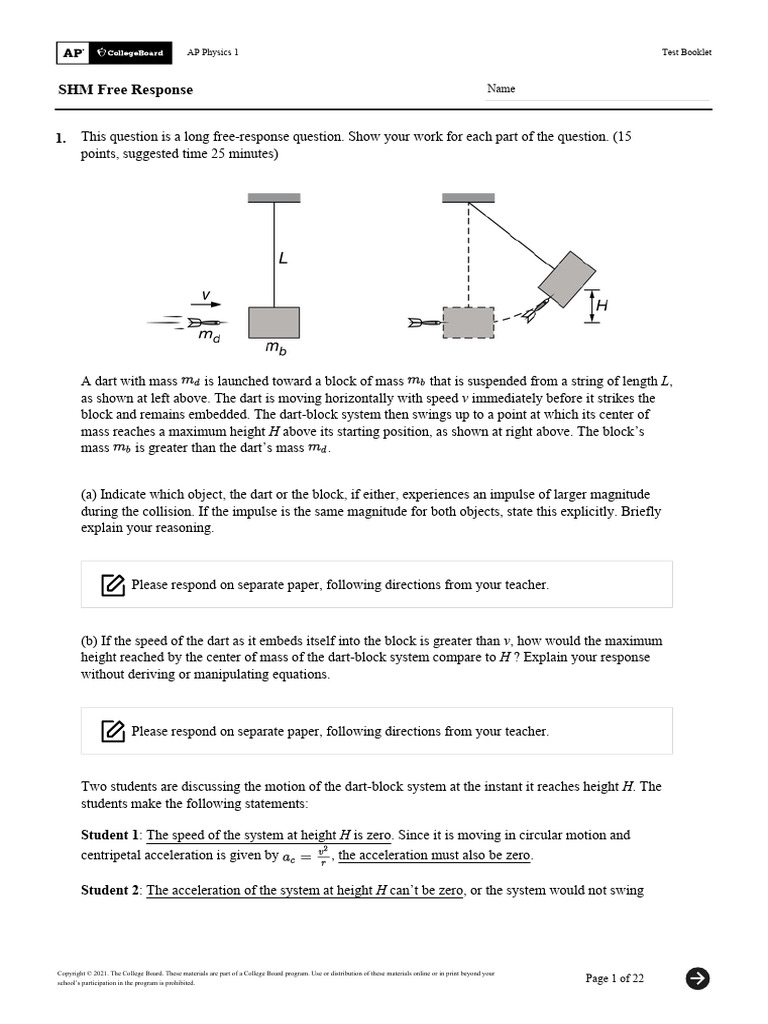 SHM Free Response: AP Physics 1 Test Booklet | PDF | Mass | Acceleration