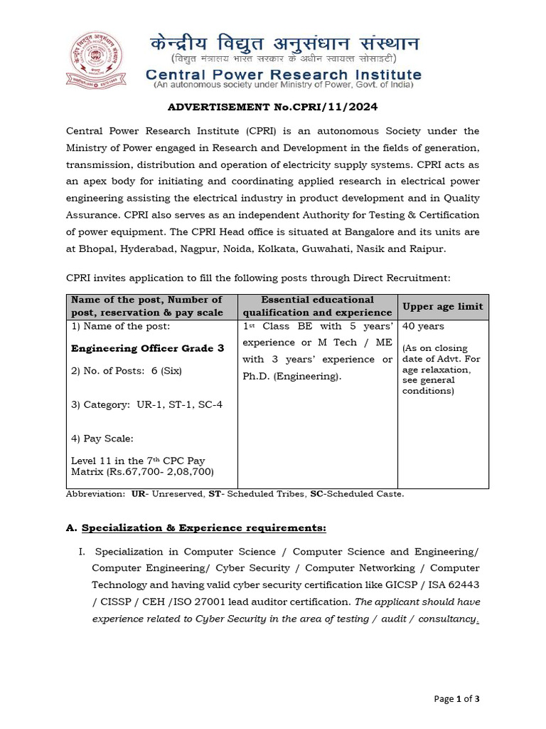 CPRI Engineering Officer Notification 2025 | PDF | Power Station ...