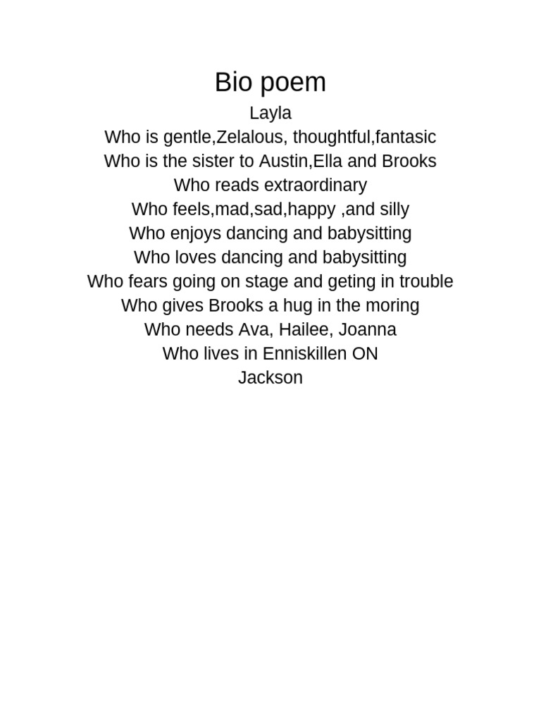 Bio Poem: Layla's Life and Feelings | PDF