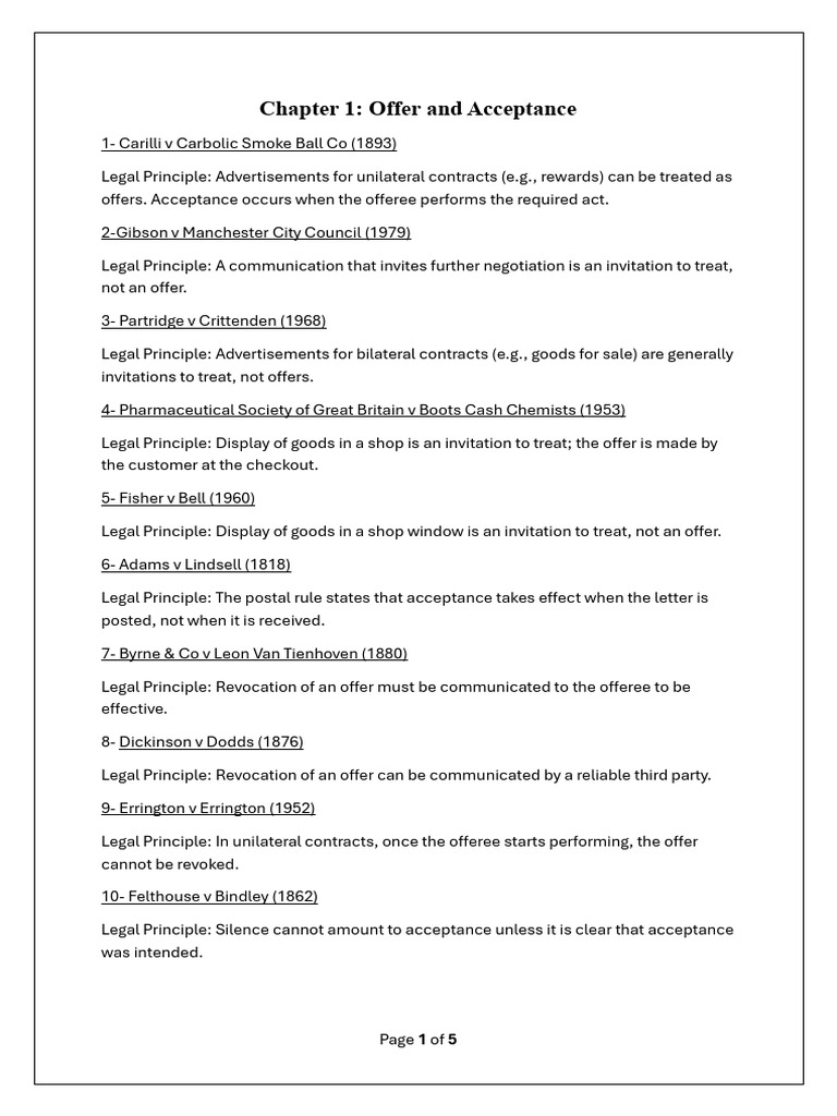 List of Cases Contracts | PDF | Offer And Acceptance | Consideration