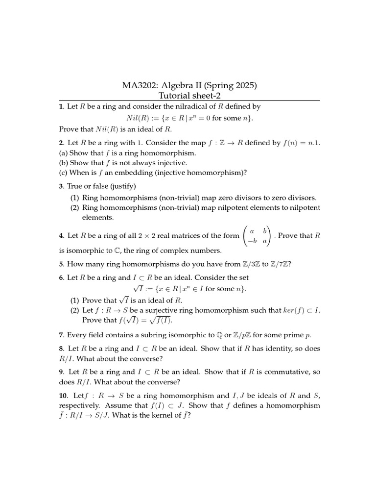 MA3202: Algebra II (Spring 2025) Tutorial Sheet-2: R R Nil R X R X N ...