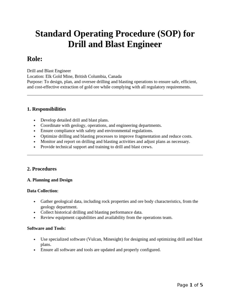 Drill and Blast Engineer - Standard Operating Procedure (SOP) | PDF | Regulatory Compliance | Mining