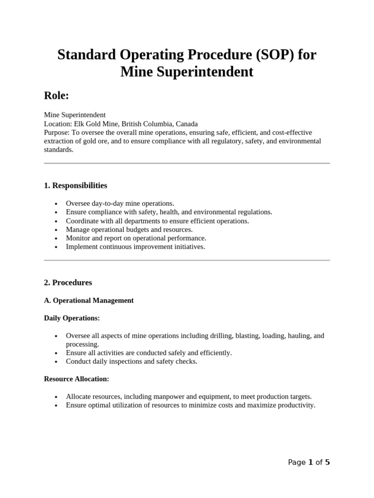 Mine Superintendent - Standard Operating Procedure (SOP) | PDF ...