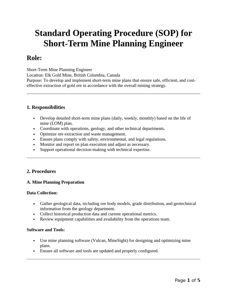 Short-Term Mine Planning Engineer - Standard Operating Procedure (SOP ...