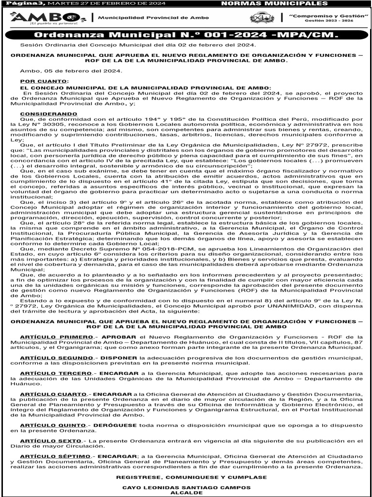 Ord. Municipal N°001-2024-MPA_ROF 2024 | PDF | Gobierno local | Regulación
