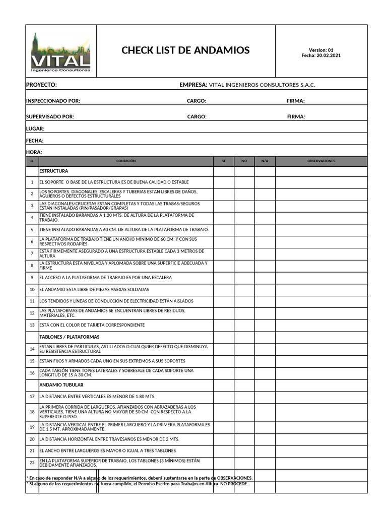 Checklist de Inspección de Andamios | PDF
