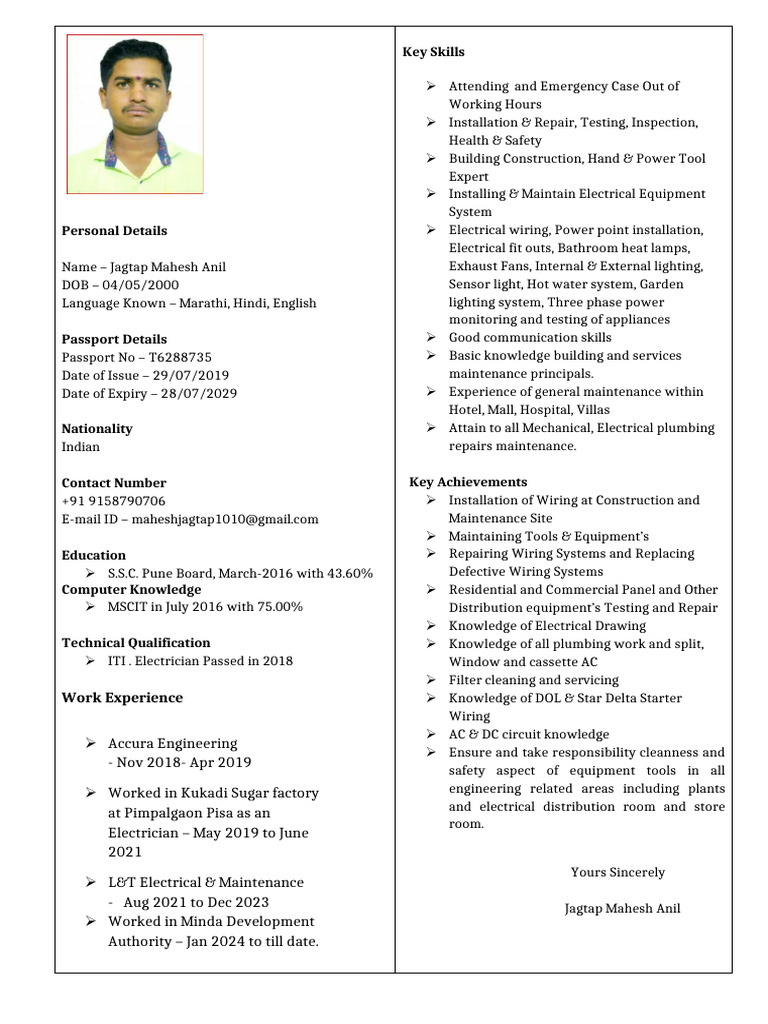 Resume & Documents | PDF | Electrician | Electrical Wiring