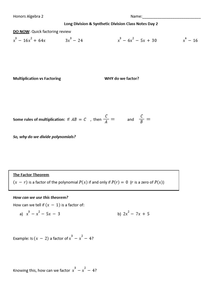 Lesson 2 3 - Long Division Synthetic Div Notes | PDF | Factorization ...