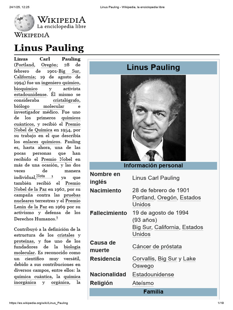 Linus Pauling - Wikipedia, La Enciclopedia Libre | PDF | Francis Crick ...