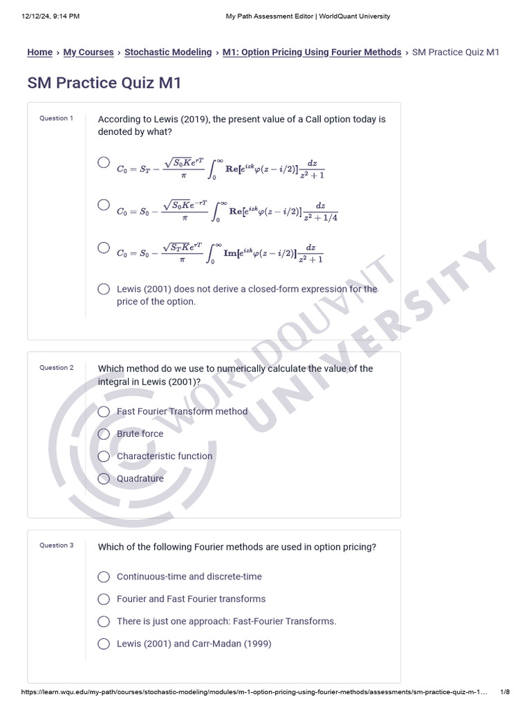 SM 1 Retake Practice My Path Assessment Editor - WorldQuant University | PDF | Option (Finance ...