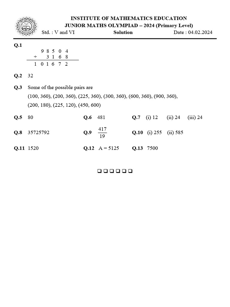 Junior Maths Olympiad 2024 Solutions | PDF