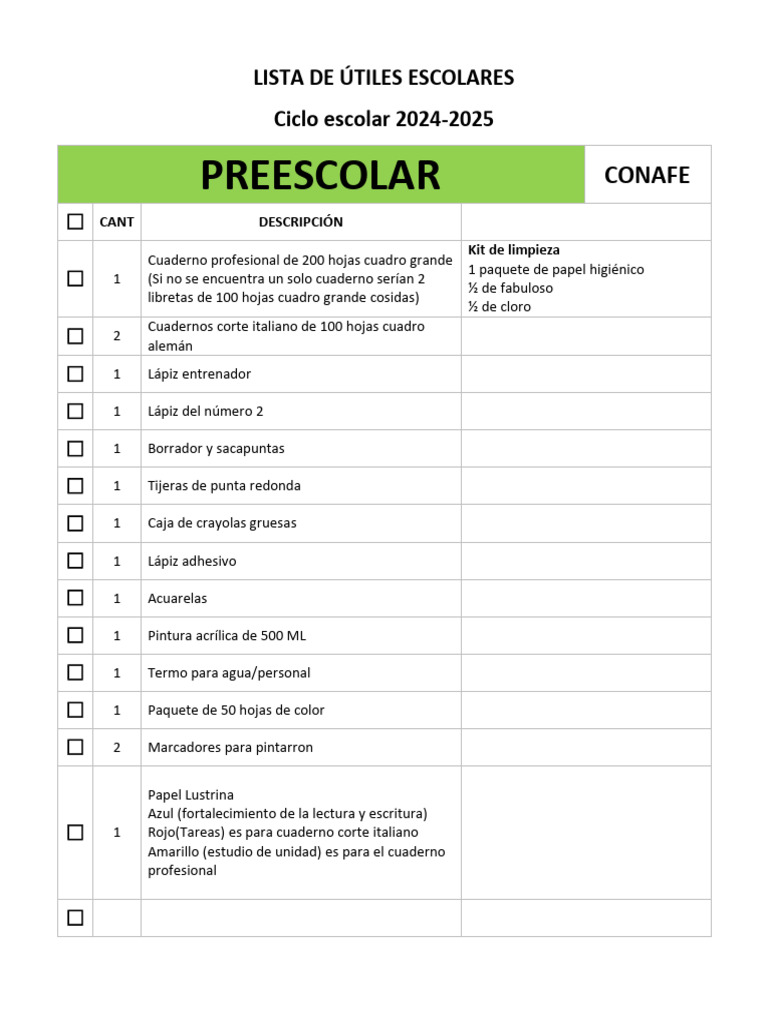 Lista de Útiles Escolares Preescolar 2024-2025 | PDF