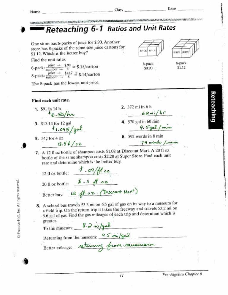 Ratios and Rates Reteaching WS 6-1 ANSWERS | PDF