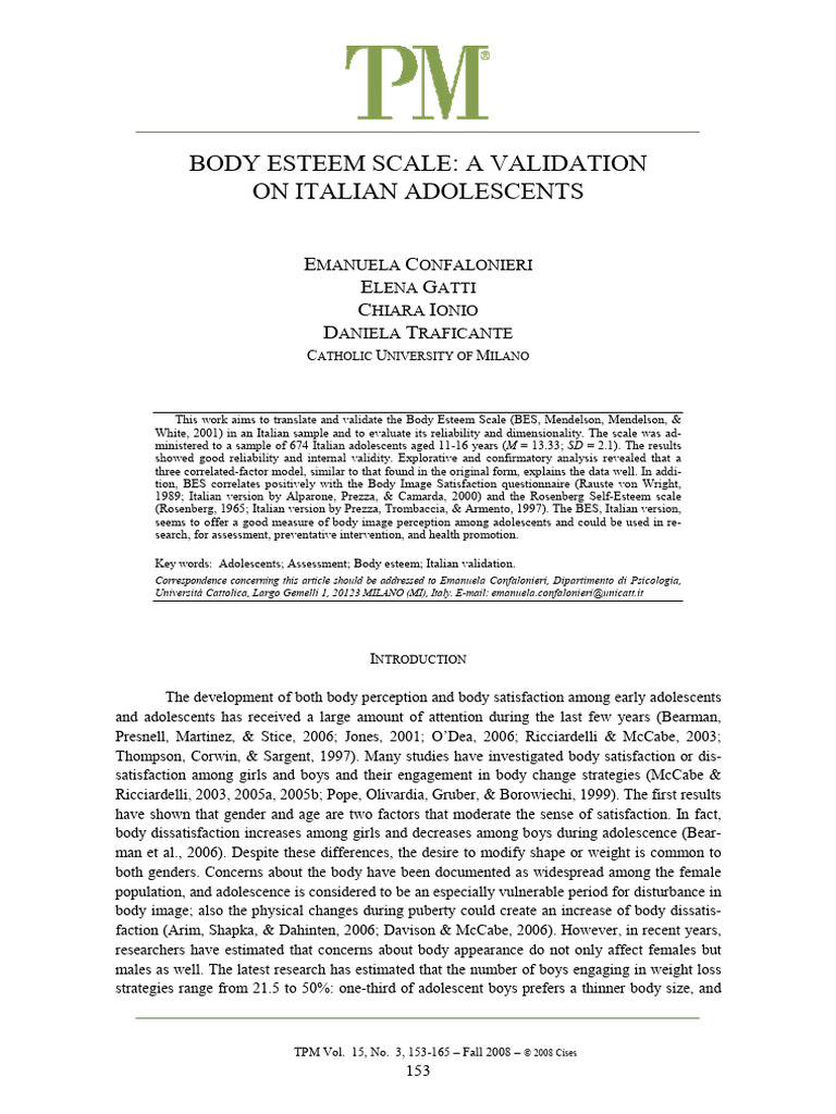 Validation Of Body Esteem Scale In Italy Pdf Body Image Principal