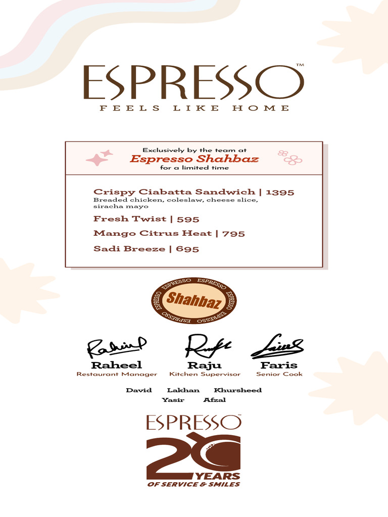Espresso Shahbaz Menu (1) | PDF | Hamburgers | Pancake